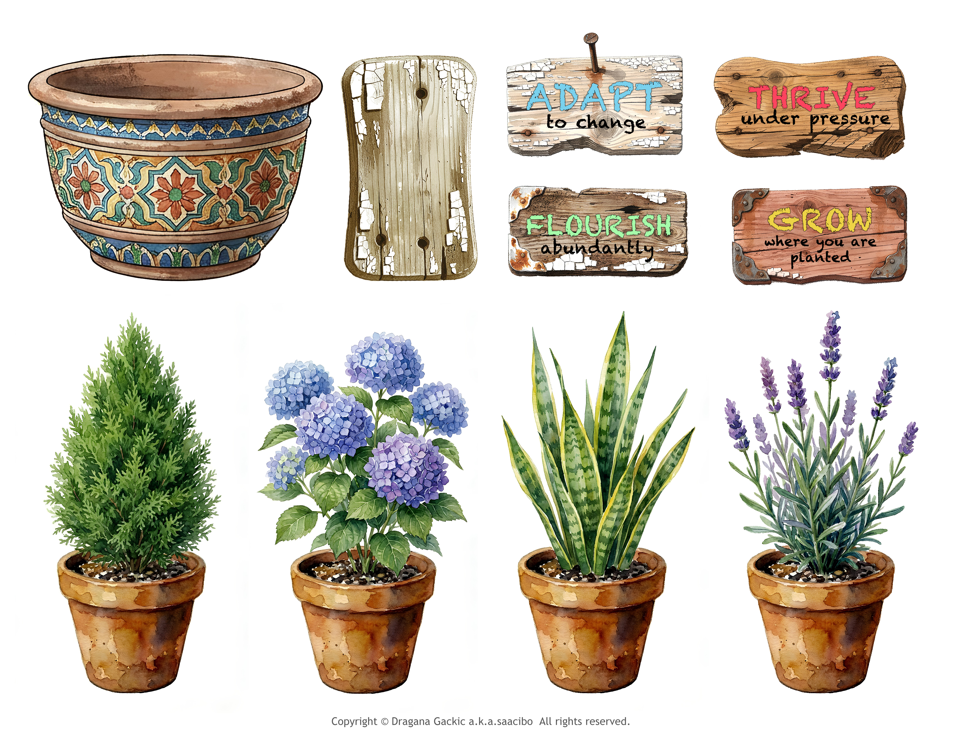 Printable Pots, Plants, Rustic Wood Signs and Inspirational Words